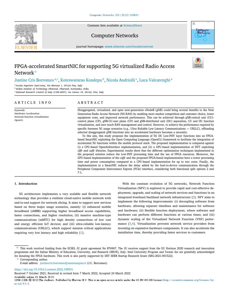Fpga Accelerated Smartnic For Supporting 5g Virtualized Radio Access Pdf Field Programmable