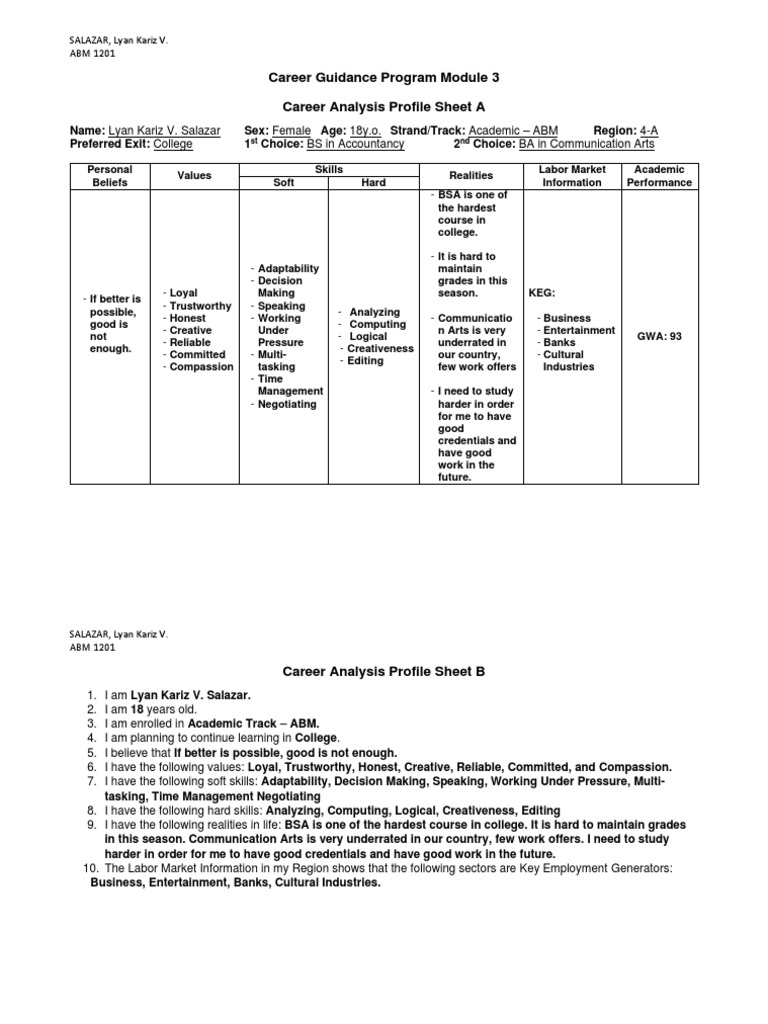 Career Guidance Program Module 3 Career Analysis Profile Sheet A | PDF ...