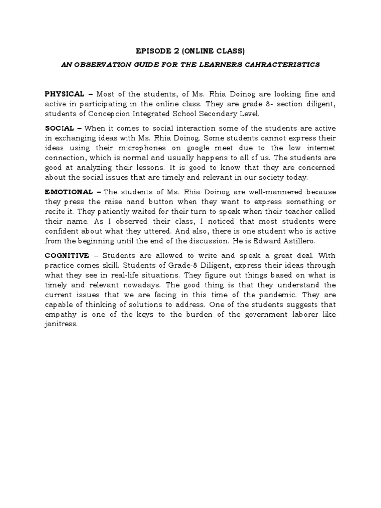 An Observation Guide For The Learners Cahracteristics | PDF