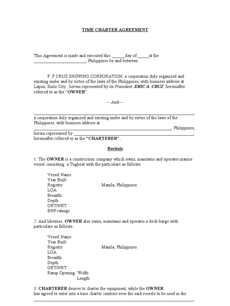 Time Charter Agree Ment | PDF | Indemnity | Employment