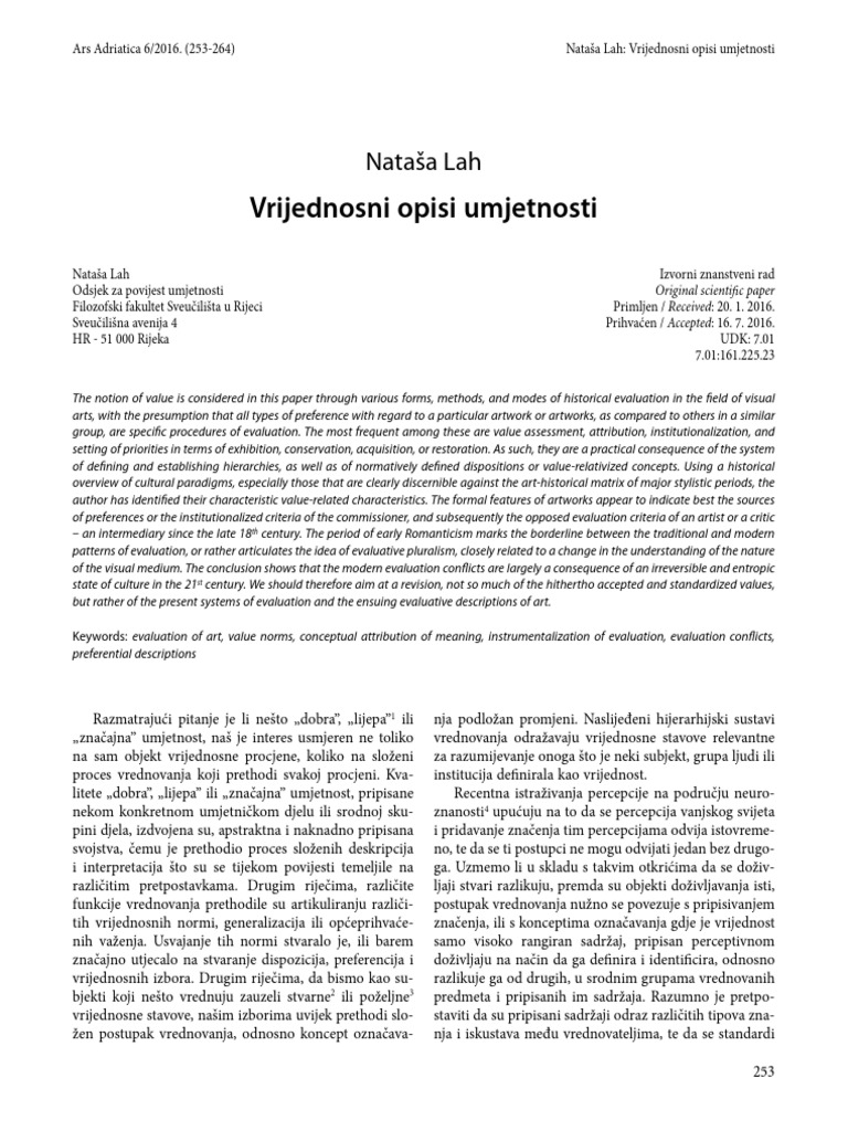 Vrijednosni Opisi Umjetnosti | PDF | Cognition | Aesthetics