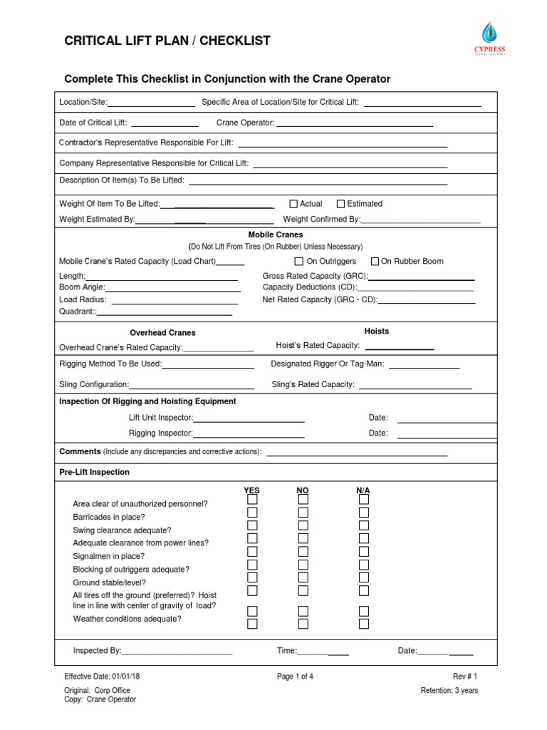 Critical Lift Plan - Checklist | PDF | Crane (Machine) | Lift (Force)