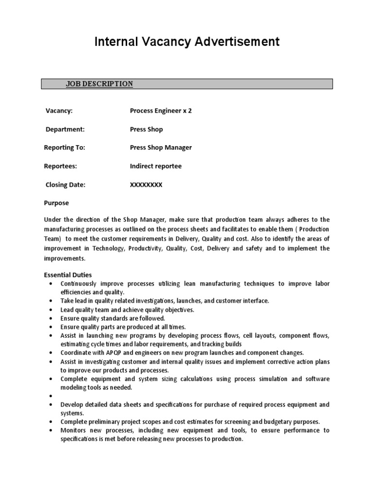 Revised JD Process Engineers - Press Shop | PDF | Quality (Business) | Lean Manufacturing