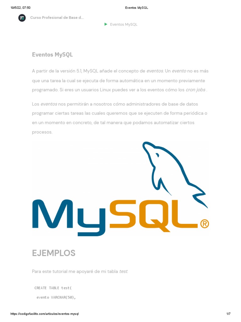 Eventos MySQL | Descargar gratis PDF | Mi sql | SQL