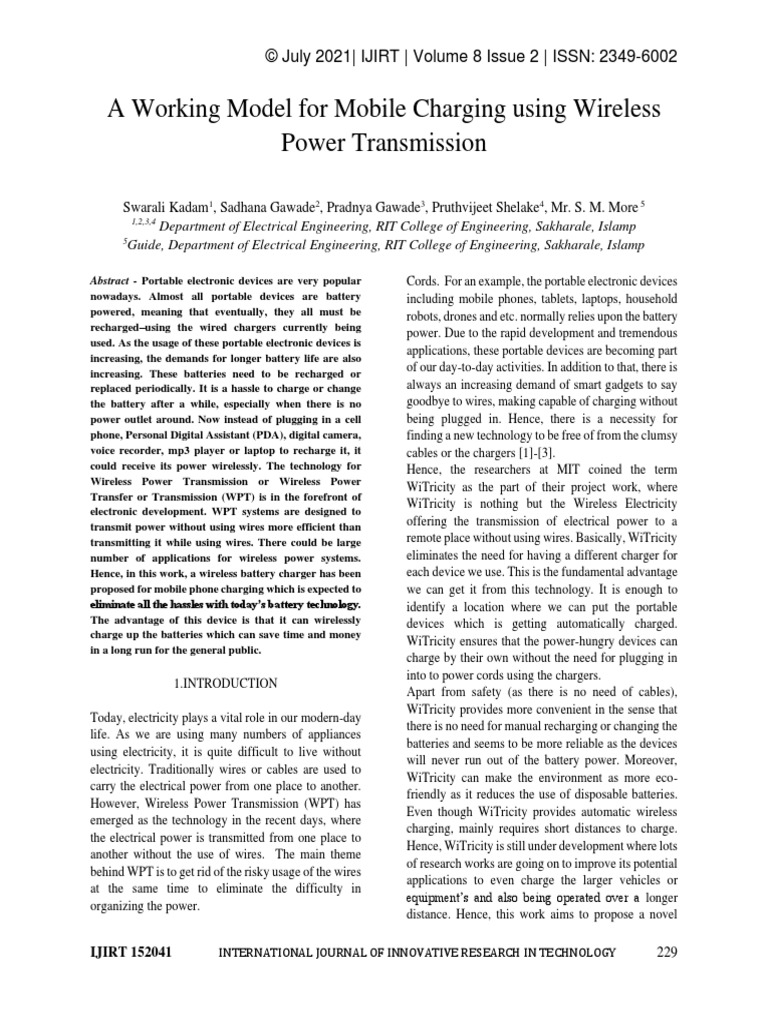 A Working Model For Mobile Charging Using Wireless Power Transmission ...