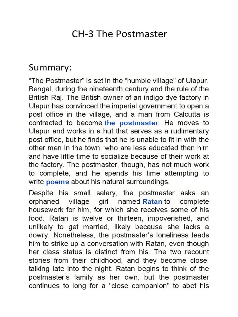 CH-3 The Postmaster: Summary | PDF