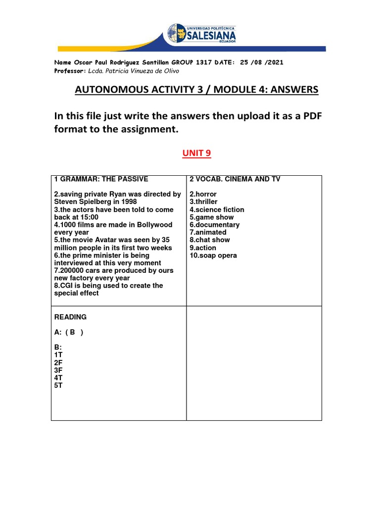 AUTONOMOUS ACTIVITY ANSWERS Module 4 | PDF | Sports & Recreation | Home ...