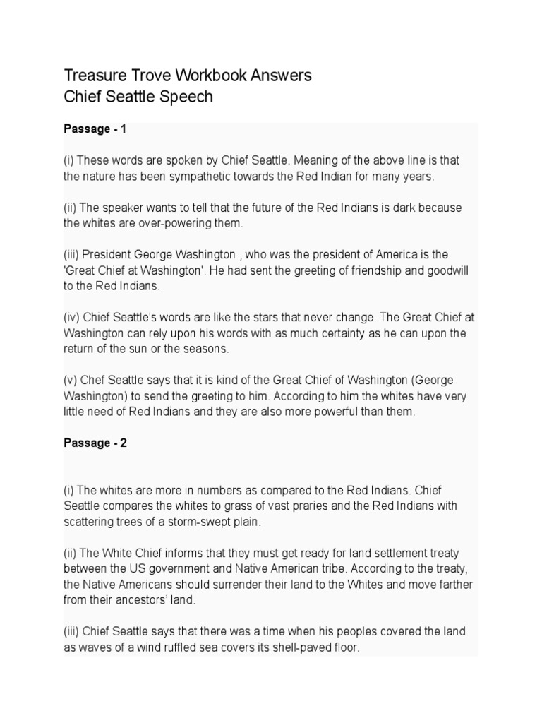 Treasure Trove Workbook Answers Chief Seattle Speech: Passage - 1 | PDF ...