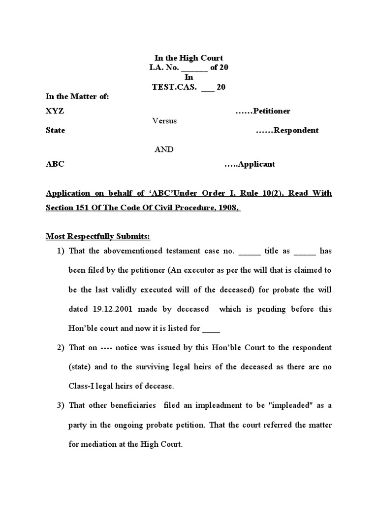 Impleadment Application | PDF | Probate | Judiciaries