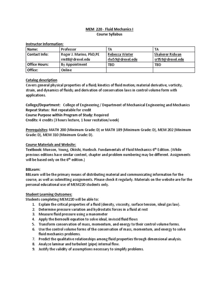 Drexel MEM 220 Syllabus | PDF | Fluid Mechanics | Fluid Dynamics