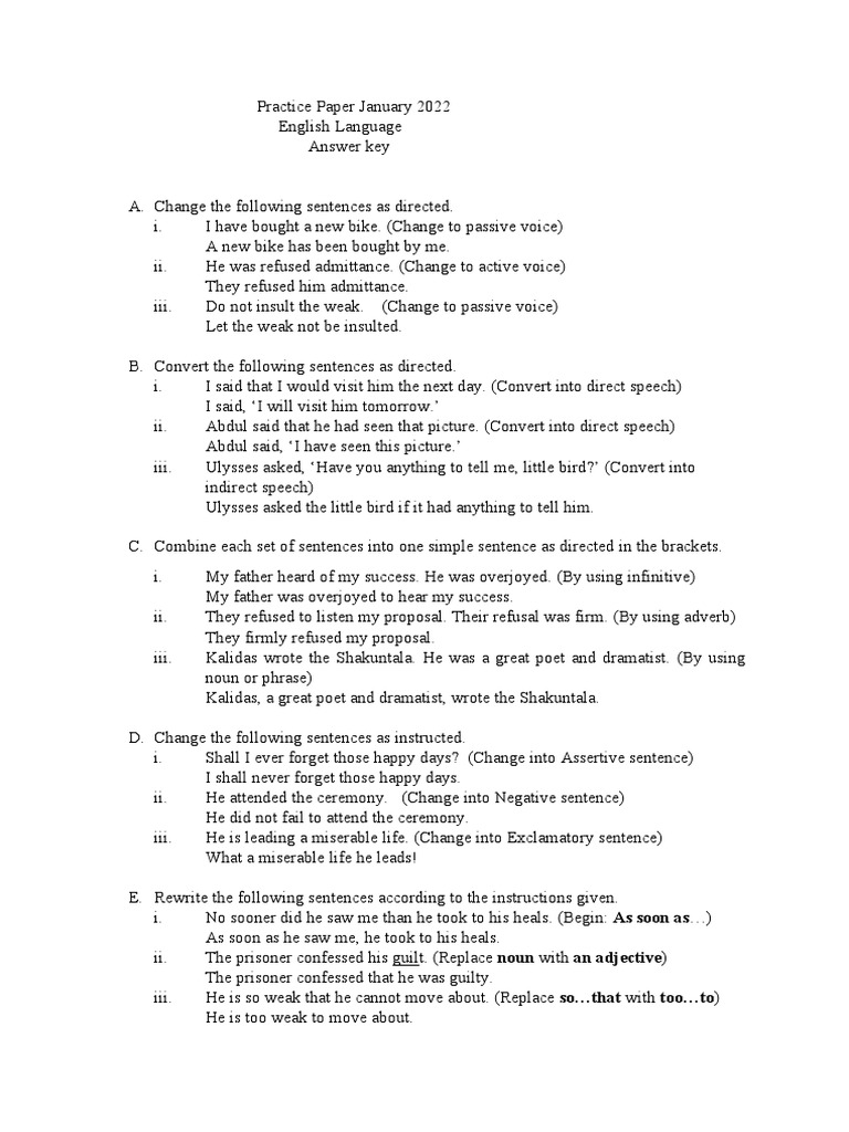 Analysis of an English Language Practice Paper: Providing Examples of ...