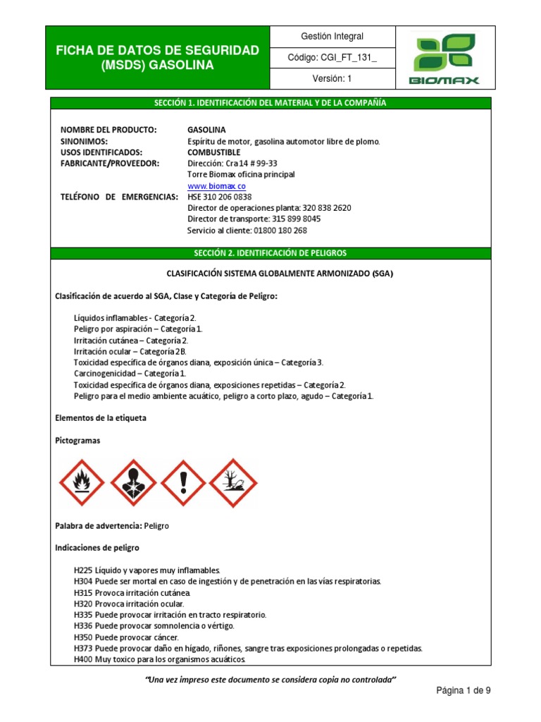 Ficha de Seguridad de Gasolina (MSDS) | PDF | Agua | Residuos