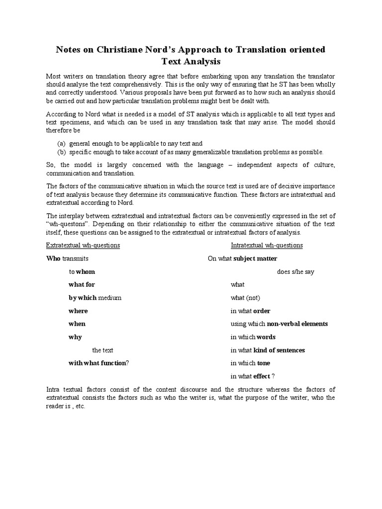 Notes On Christiane Nord's Approach To Translation Oriented Text ...