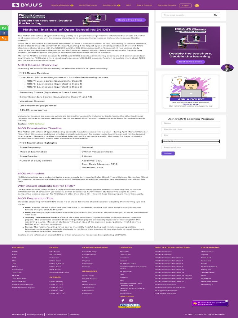NIOS - National Institute of Open Schooling | PDF | Students ...