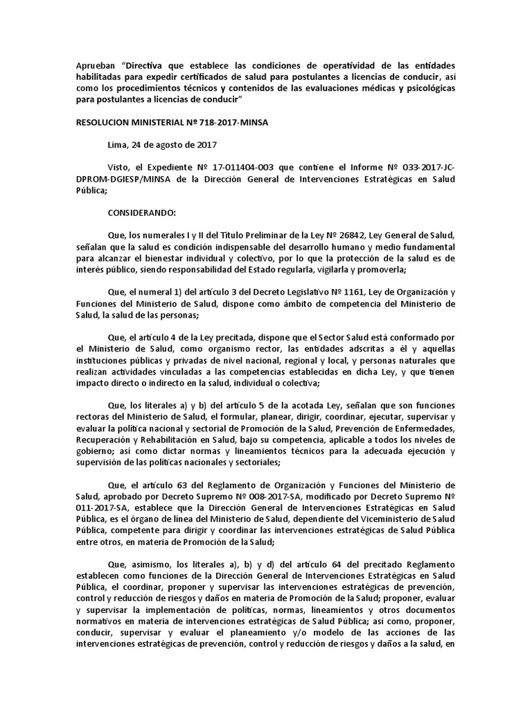 RM 718-2017-MINSA - Directiva Establec. Operativ. Certif. Salud Lic. Conducir | PDF | Licencia ...