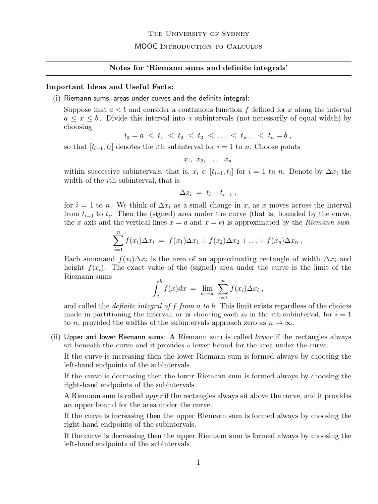 Notes Riemann Sums Definite Integrals | PDF | Integral | Interval ...