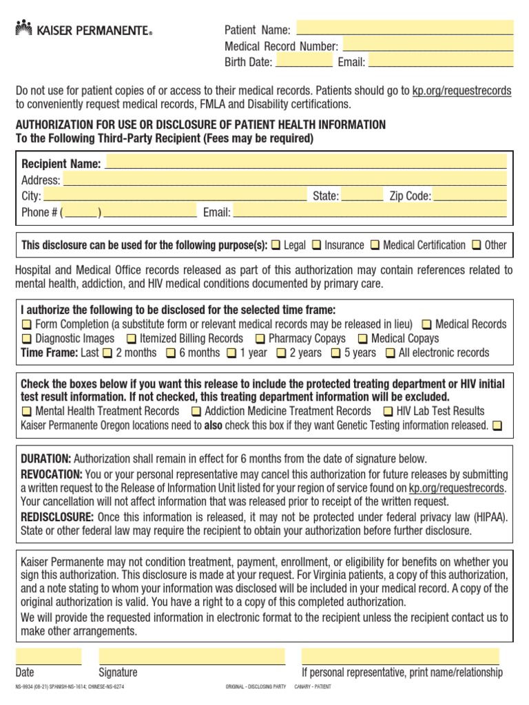 Kaiser Permanente Authorization for Use or Disclosure of Patient Health ...
