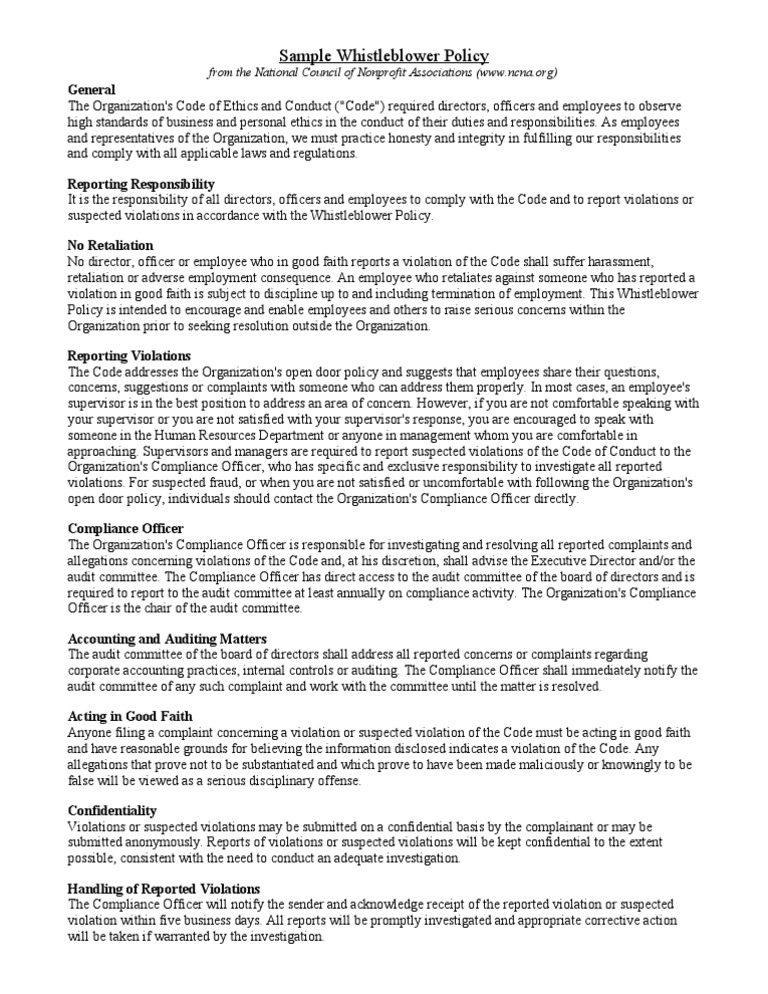 Sample Whistleblower Policy: General | PDF | Whistleblower | Audit ...