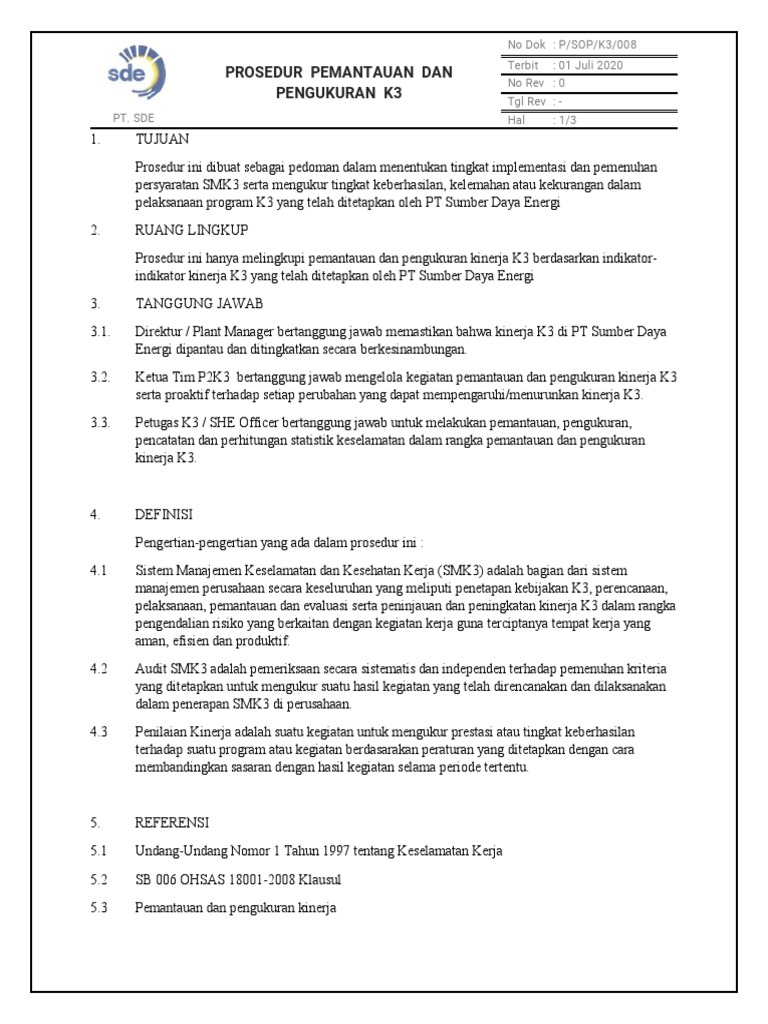 P-SOP-K3-008 Prosedur Pemantauan Dan Pengukuran K3 | PDF