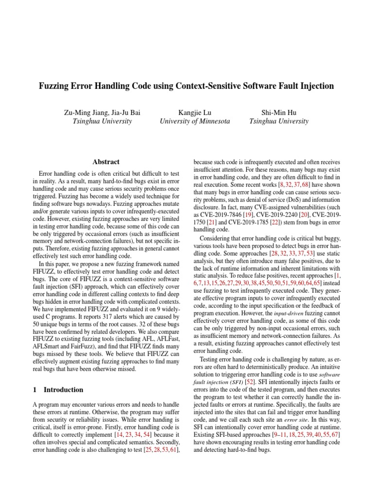 Fuzzing Error Handling Code Using Context-Sensitive Software Fault Injection | PDF