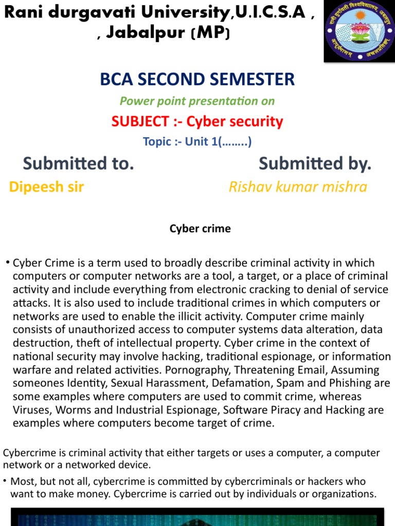 Bca Second Semester: SUBJECT:-Cyber Security | PDF | Cybercrime | Security