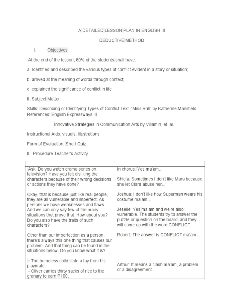 A Detailed Lesson Plan in English III | PDF | Lesson Plan | Cognitive ...