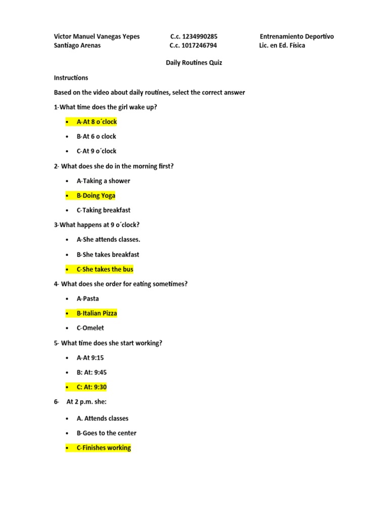 Daily Routines Quiz | PDF