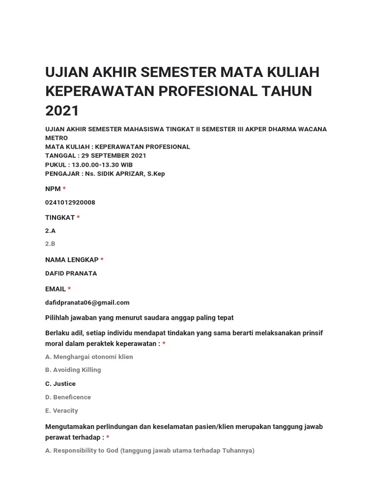 Ujian Akhir Semester Mata Kuliah Keperawatan Profesional Tahun 2021 | PDF | Karier ...