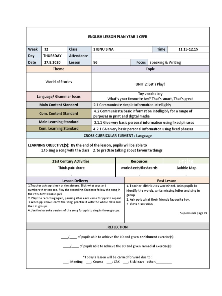 Year 1 English Lesson Plans CEFR | PDF | Lesson Plan | Reading ...