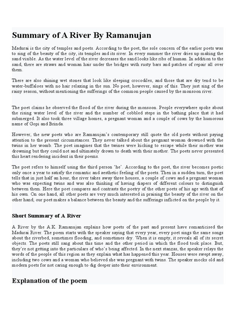 Summary of A River by Ramanujan: Explanation of The Poem | PDF | Poetry