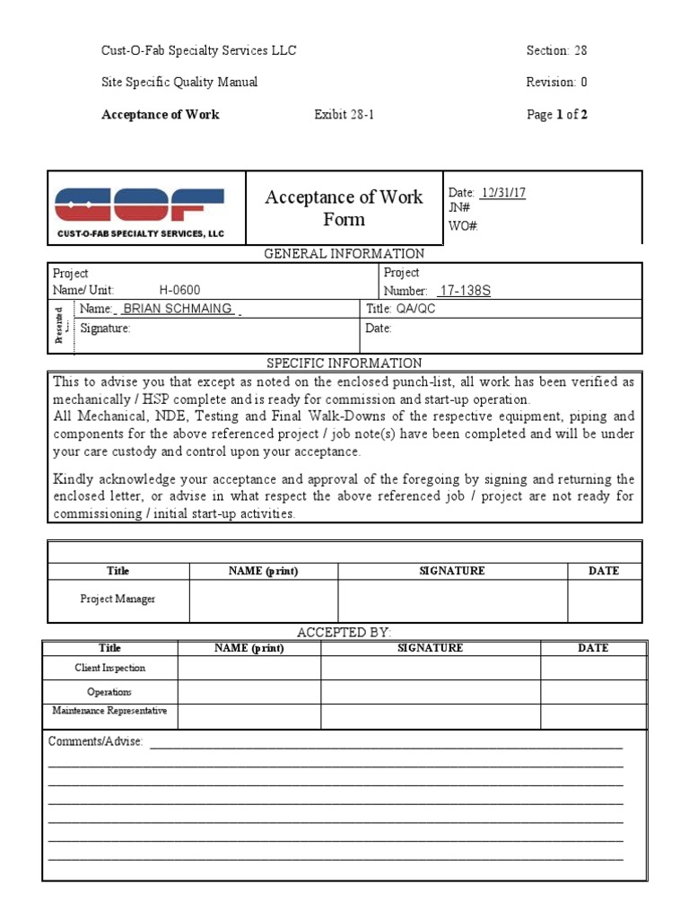 (Exibit 28-1) Acceptance of Work Form | PDF