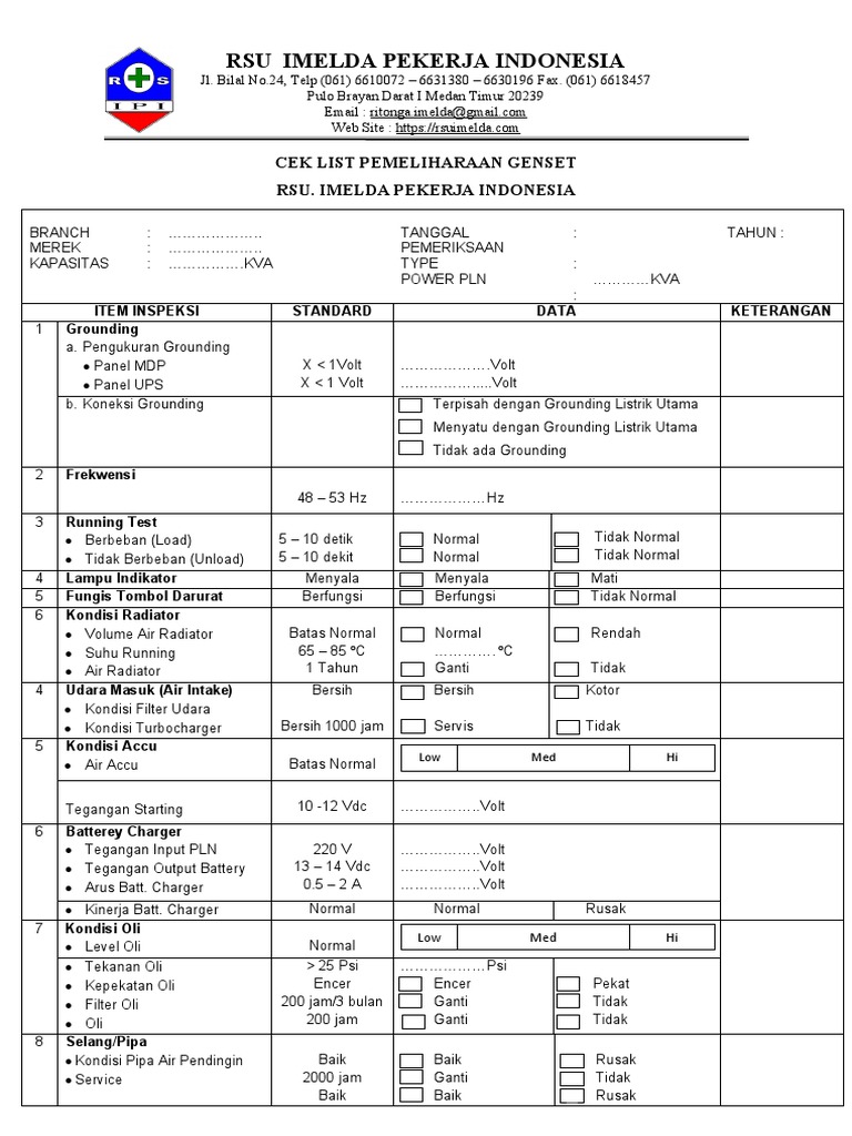 Form Ceklis Pemeliharaan Genset | PDF