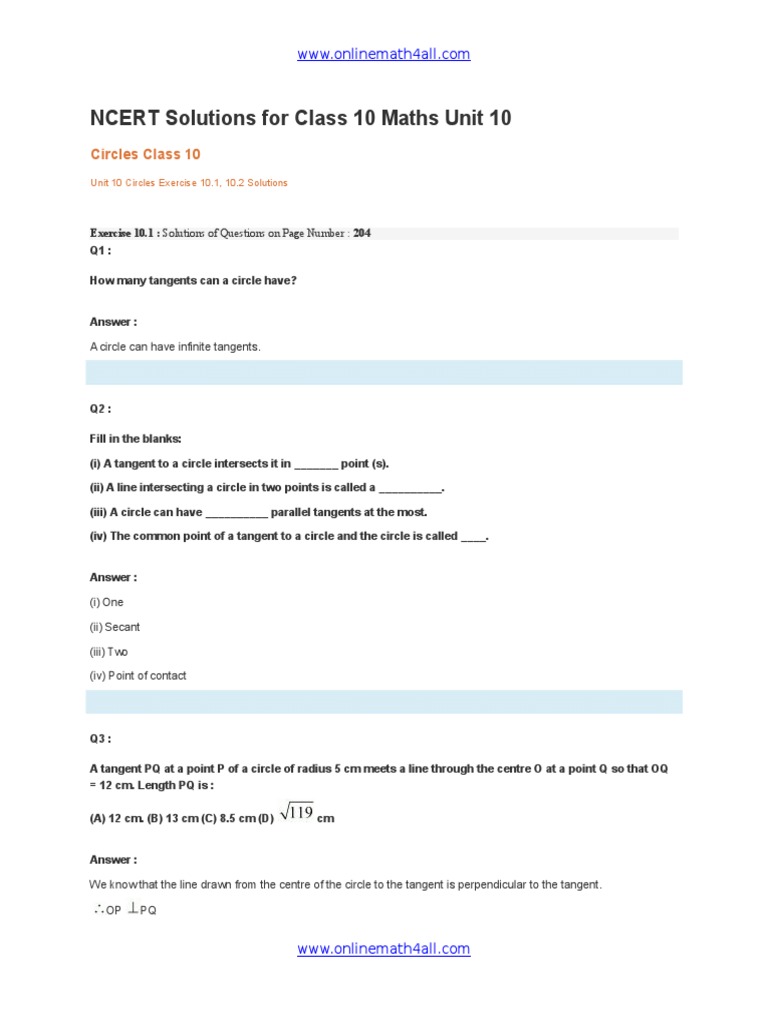 NCERT Solutions For Class 10 Maths Unit 10 | PDF | Circle | Perpendicular