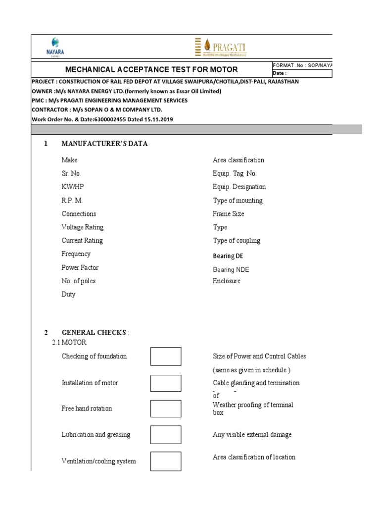 LT Motor Installation, Testing, No Load Test Repoprt | PDF | Electrical ...
