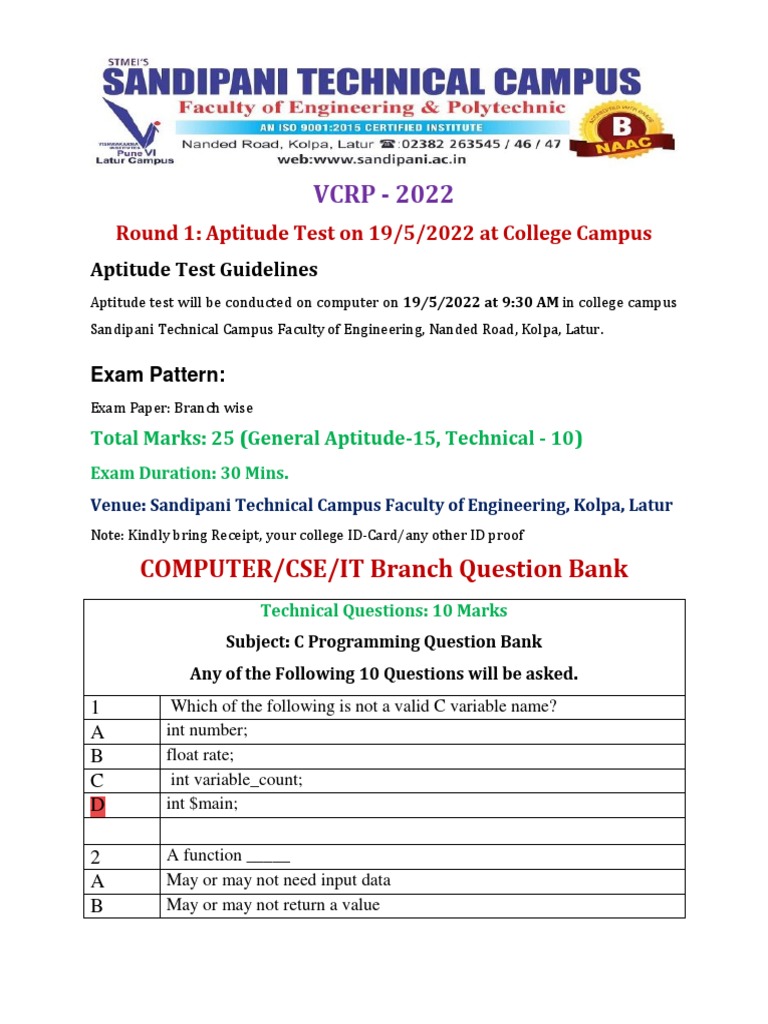 VCRP - 2022: COMPUTER/CSE/IT Branch Question Bank | PDF | Pointer (Computer Programming ...