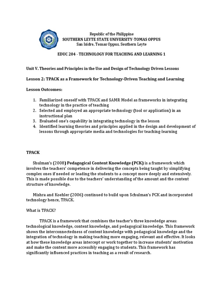 Lesson 2: TPACK As A Framework For Technology-Driven Teaching and ...