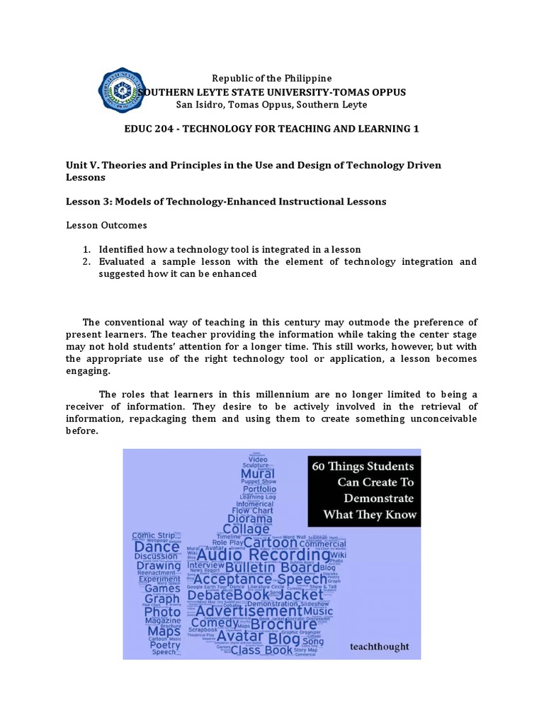 Unit V - Lesson 4 - Models of Technology Enhanced Instructional Lessons ...