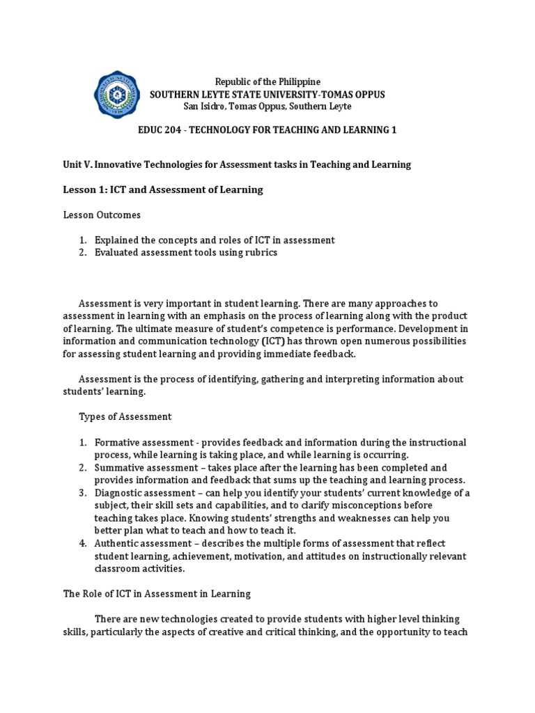 Unit VI - Lesson 1 - ICT and Assessment of Learning | PDF | Educational ...