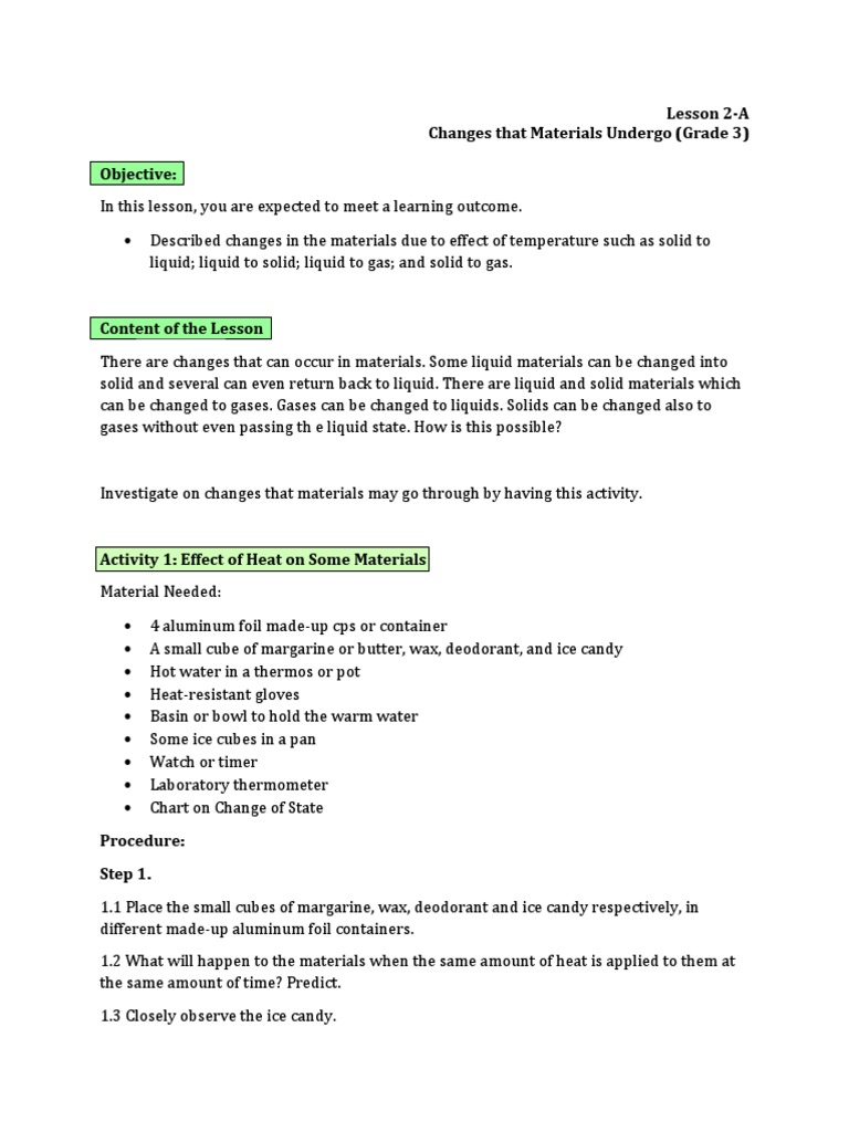 Lesson 2-A Changes That Materials Undergo (Grade 3) Objective | PDF ...