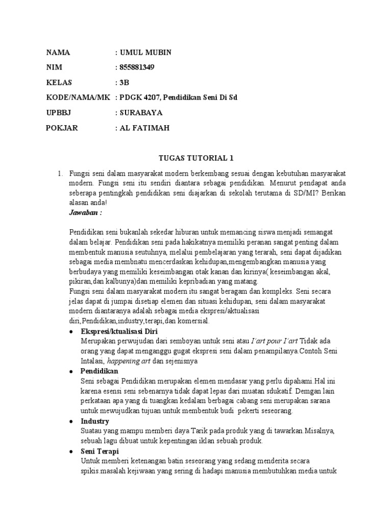 Tugas Tutorial 1 - Pend. Seni Di SD - Pdgk4207 - 3b - Umul Mubin - 855881349 | PDF | Sains ...