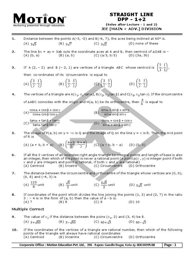 Straight Line DPP - 1+2: Jee (Main + Adv.) Division | PDF | Triangle | Mathematics