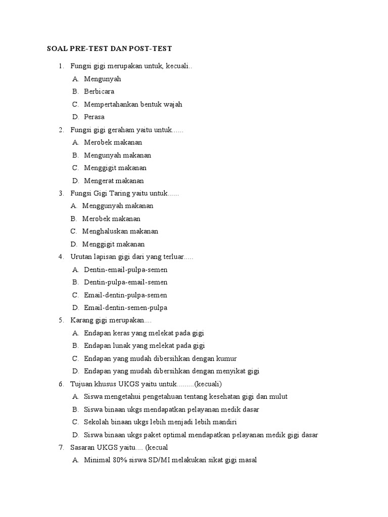 Soal Pre-Test dan Post-Test Kesehatan Gigi | PDF | Karier ...