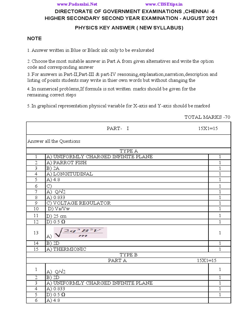 12th Physics - Public Exam - July 2021 - Answer Keys For Original Question Paper - English ...