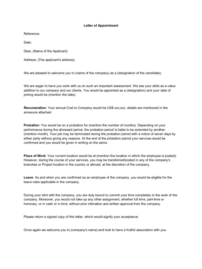 Sample Letter of Appointment | PDF | Employment | Public Law