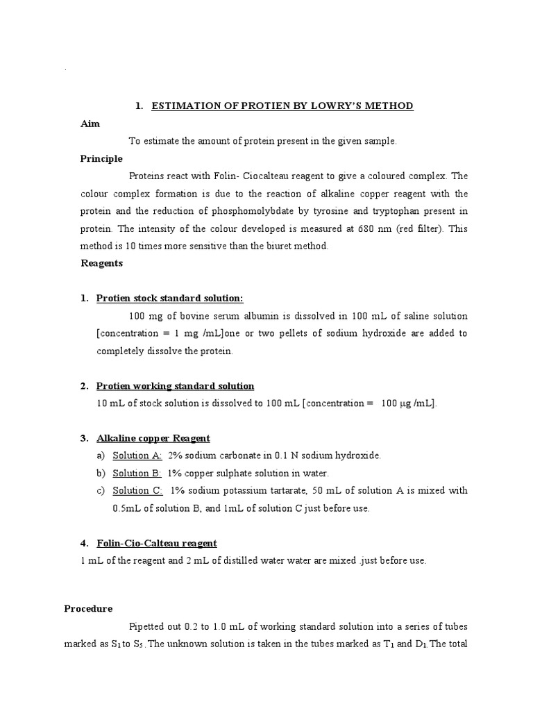 Estimation of Protien by Lowry'S Method Aim Principle | PDF | Ph ...
