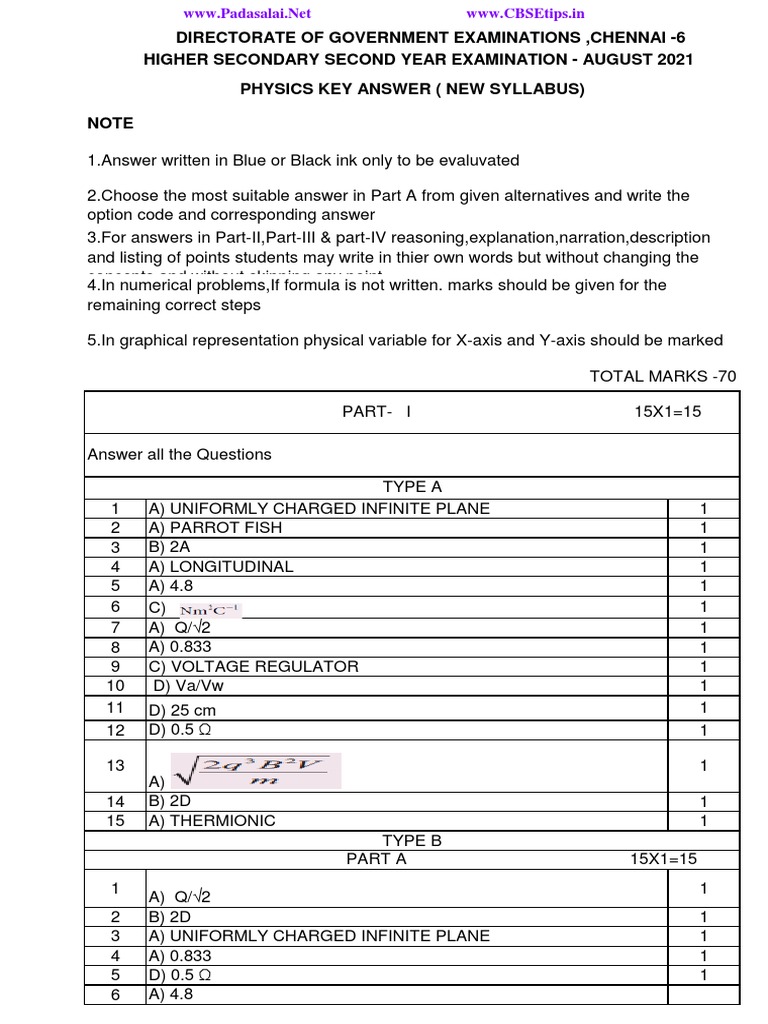 12th Physics - Public Exam - July 2021 - Answer Keys For Original ...