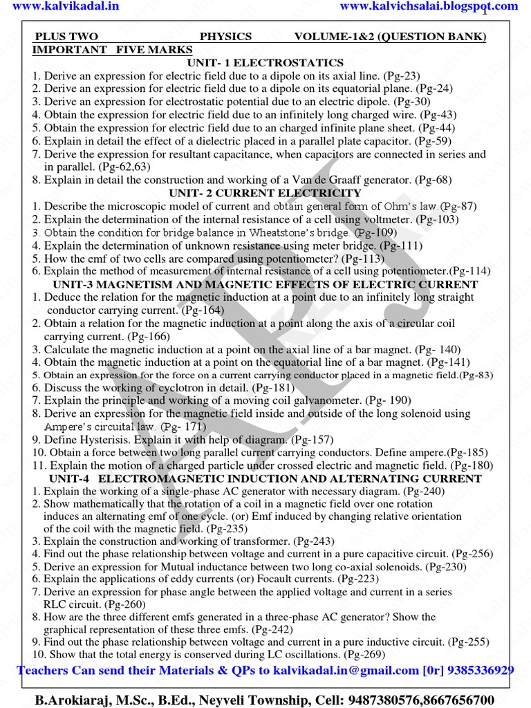 KALVI KADAL 12th Physics All Units Important Questions 2020 EM WWW - Kalvikadal.in | PDF ...