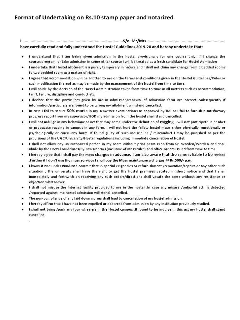 Format of Undertaking On Rs.10 Stamp Paper and Notarized | PDF ...