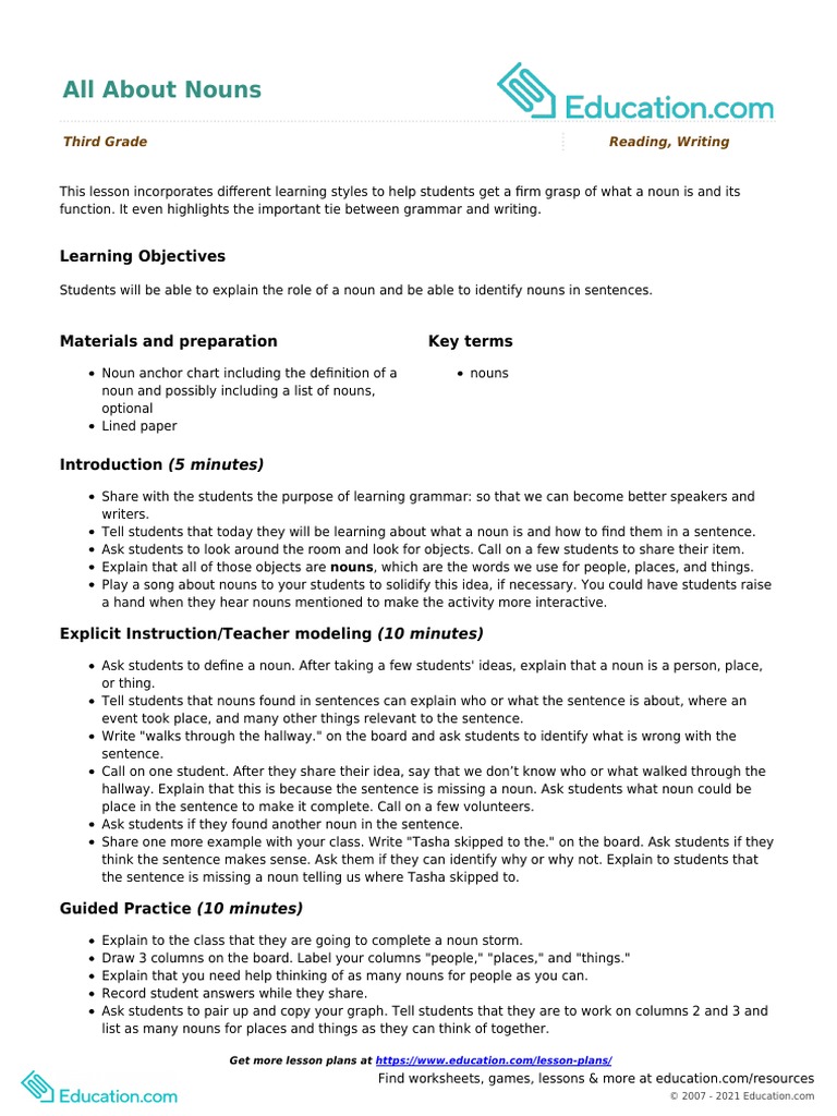 All About Nouns: Learning Objectives | PDF | Noun | Cognitive Science