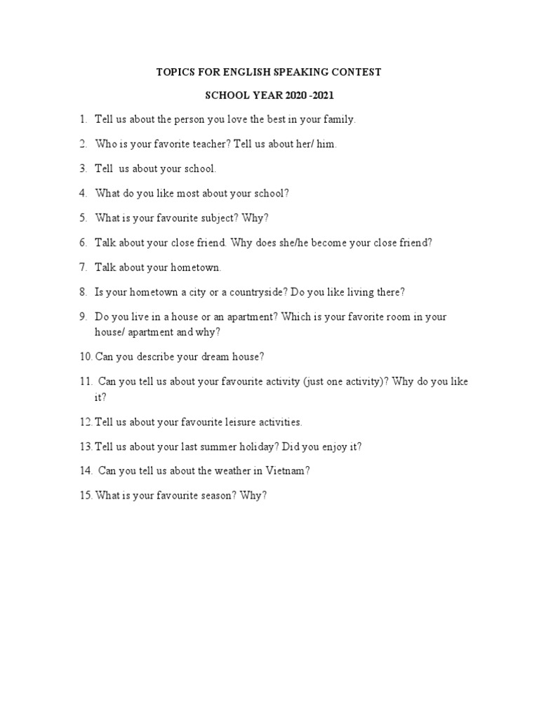 15 Topics For English Speaking Contest | PDF | Language Arts & Discipline